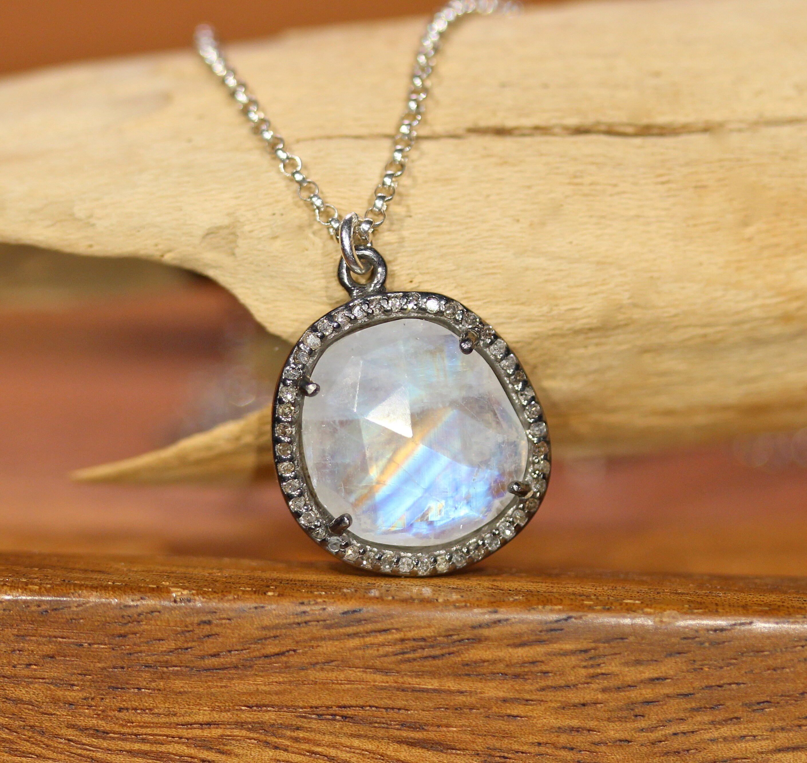 Diamond and moonstone pendant necklace, diamond necklace, rainbow ...
