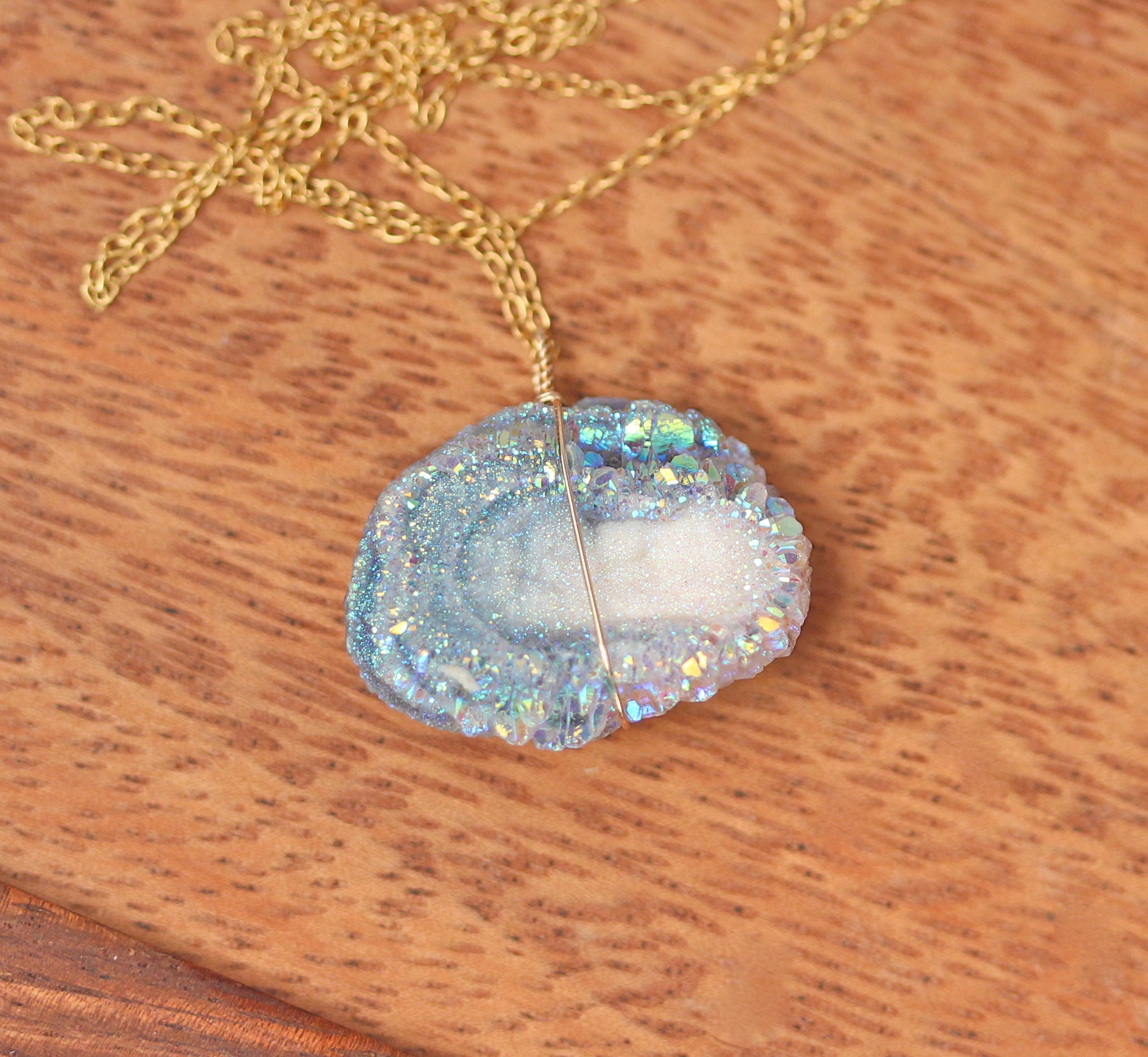 Raw crystal necklace, stardust necklace, aura crystal, raw chalcedony ...