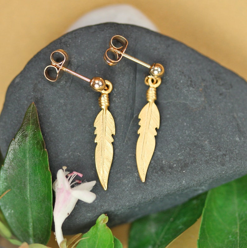Gold Feather Earrings: Bohemian Bird Wing Studs, 14K Gold Filled Posts ...