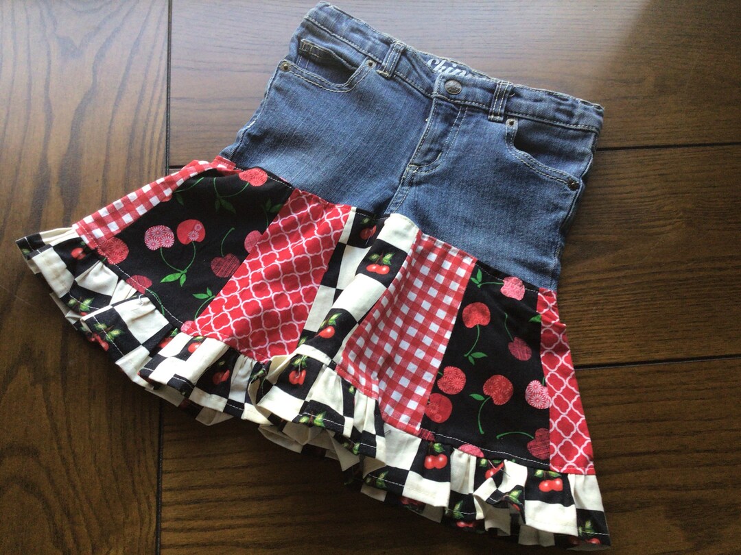 Upcycled Girls Kids Denim Ruffled Skirt Cherries Size 5 - Etsy