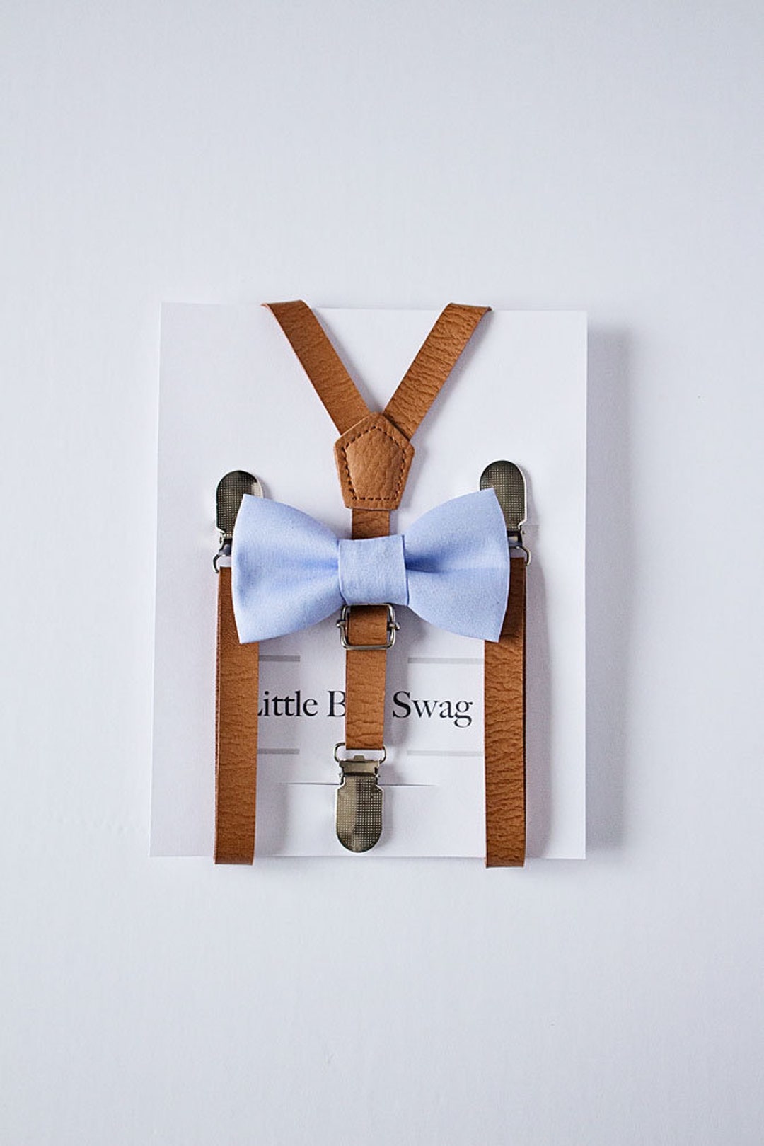 Dusty Blue Boys Bow Tie Tan Leather Suspenders, Boys First Birthday ...