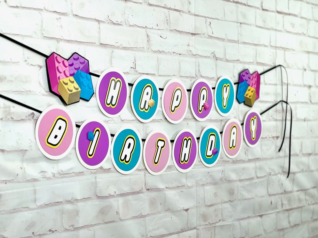 Building Block Banner Brick Birthday Banner Brick Party Banner Pink ...