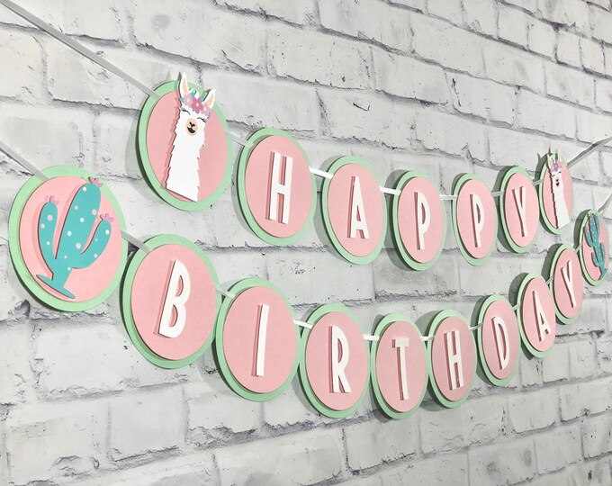 Llama Birthday Banner PINK/MINT - Etsy