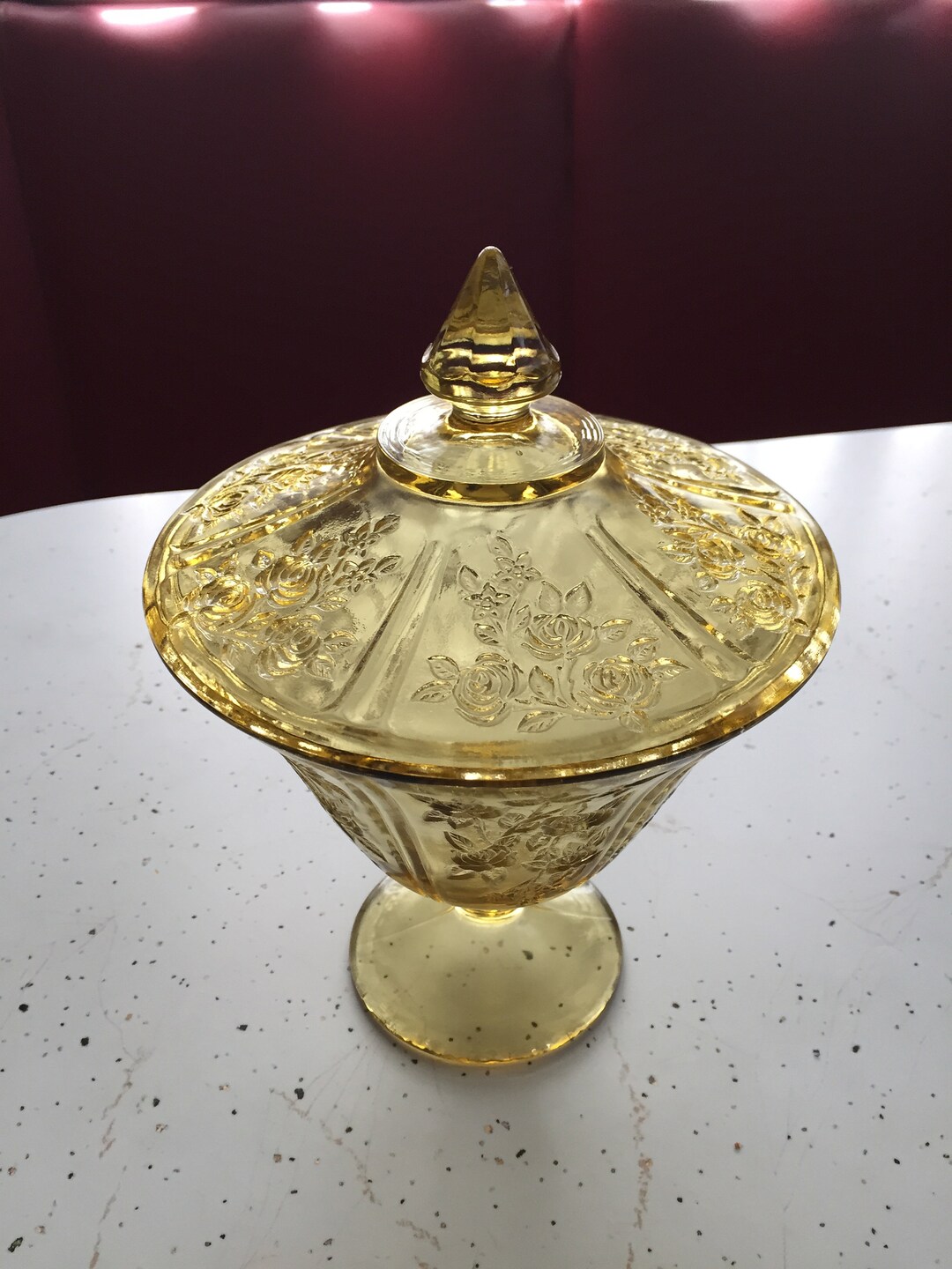 Depression Glass Pedestal Compote Covered Jar Yellow Pattern Rose - Etsy