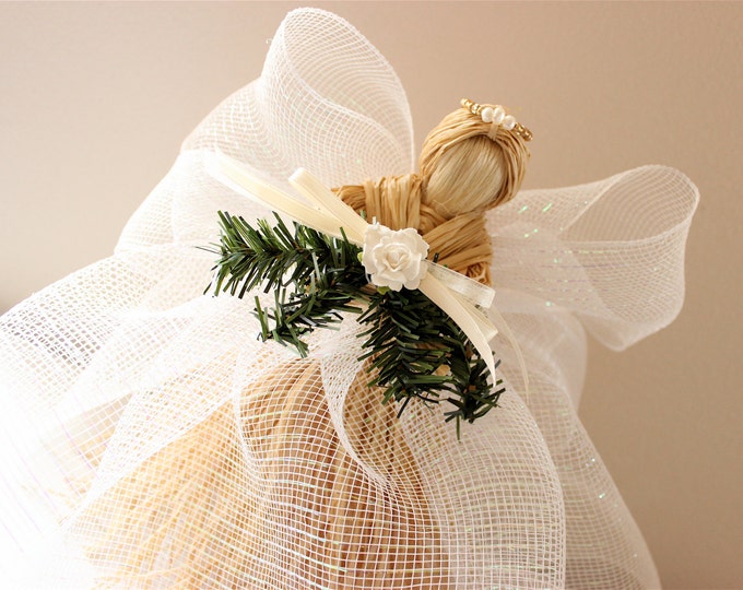 Christmas Decor Raffia Angel Christmas Tree Topper White Raffia Angel W ...