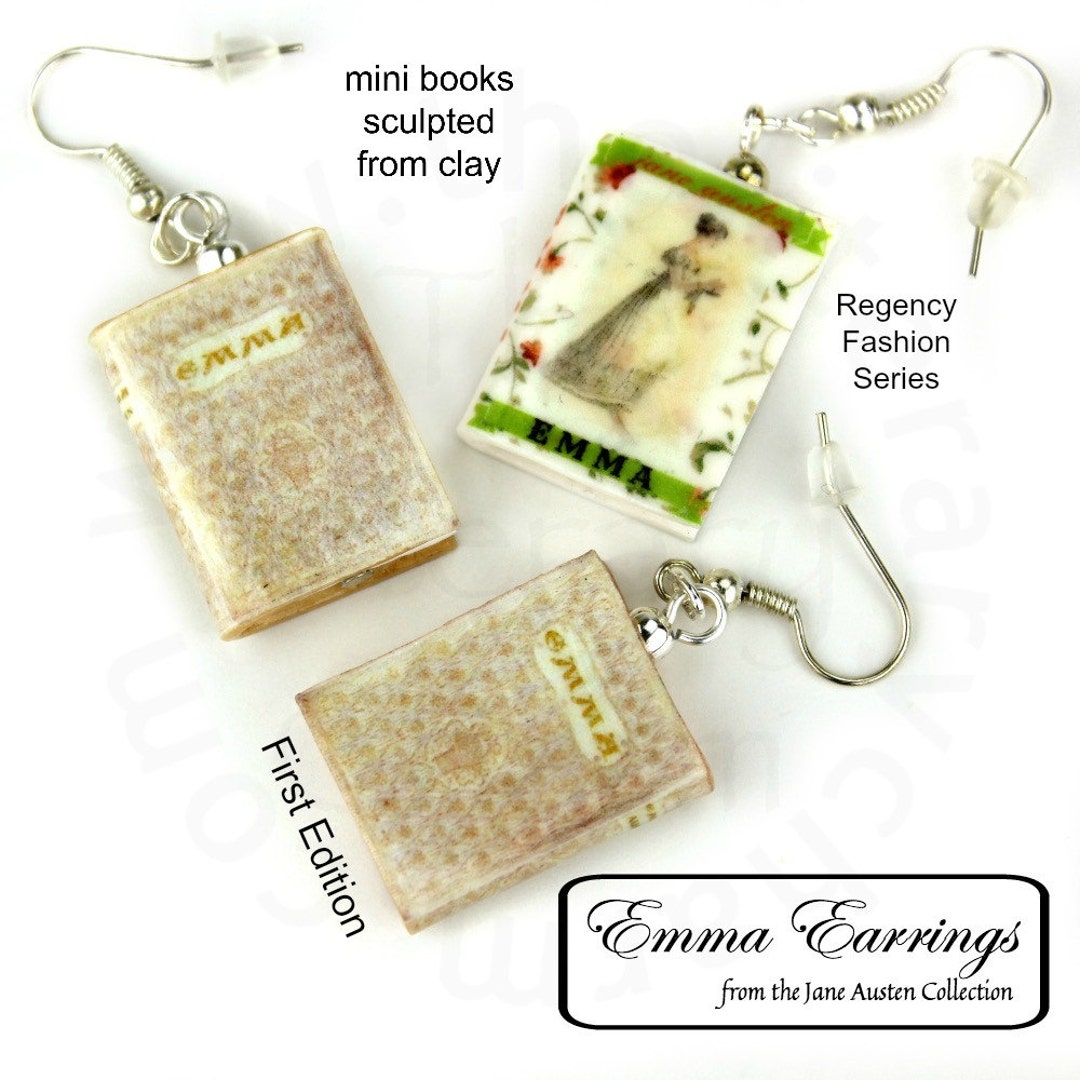 EMMA Jane Austen Clay Mini Book Earring PAIR, Regency Fashion Dress ...