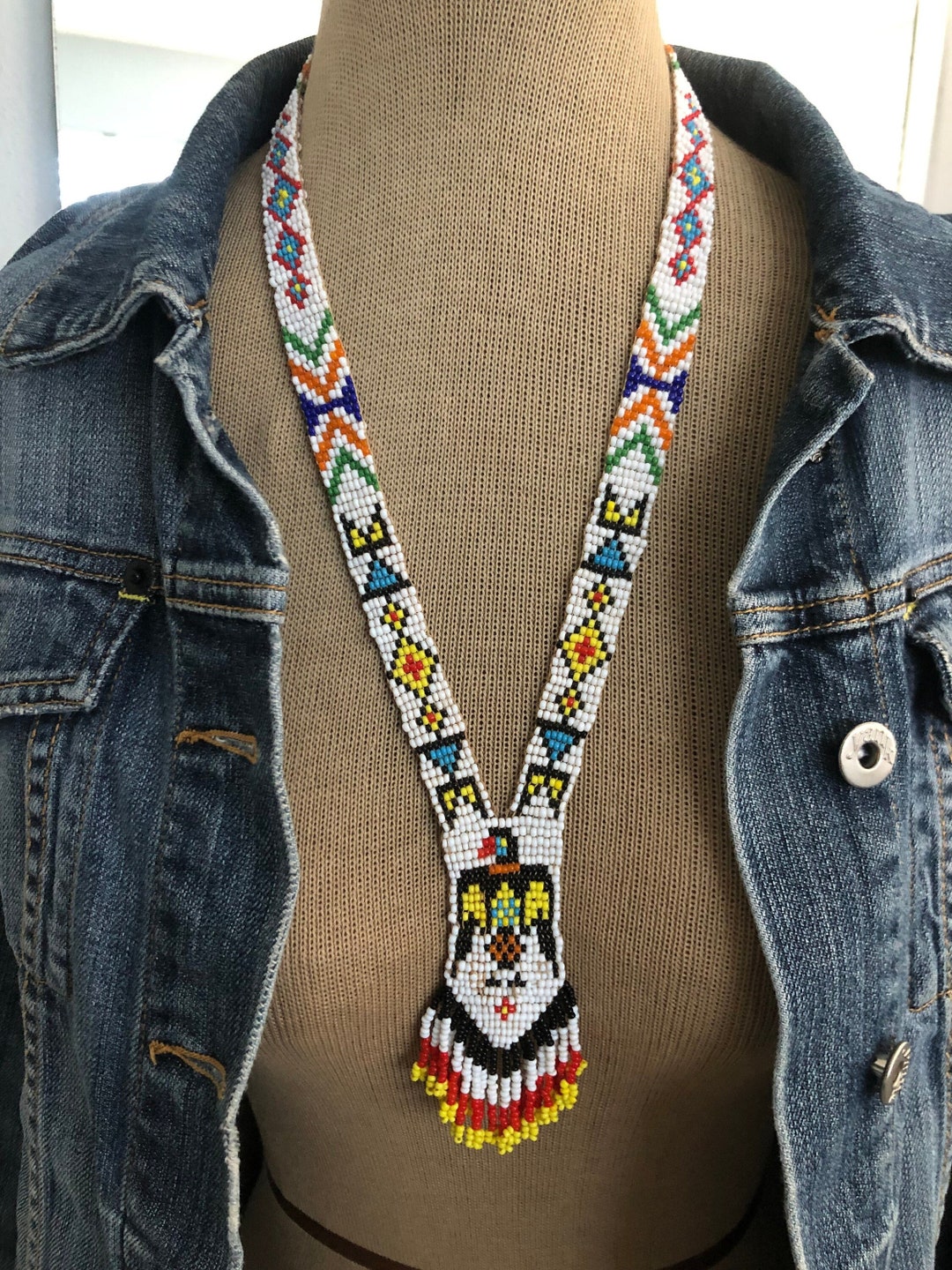 1960s Vintage Native American Seed Bead Thunderbird sautoir Necklace ...