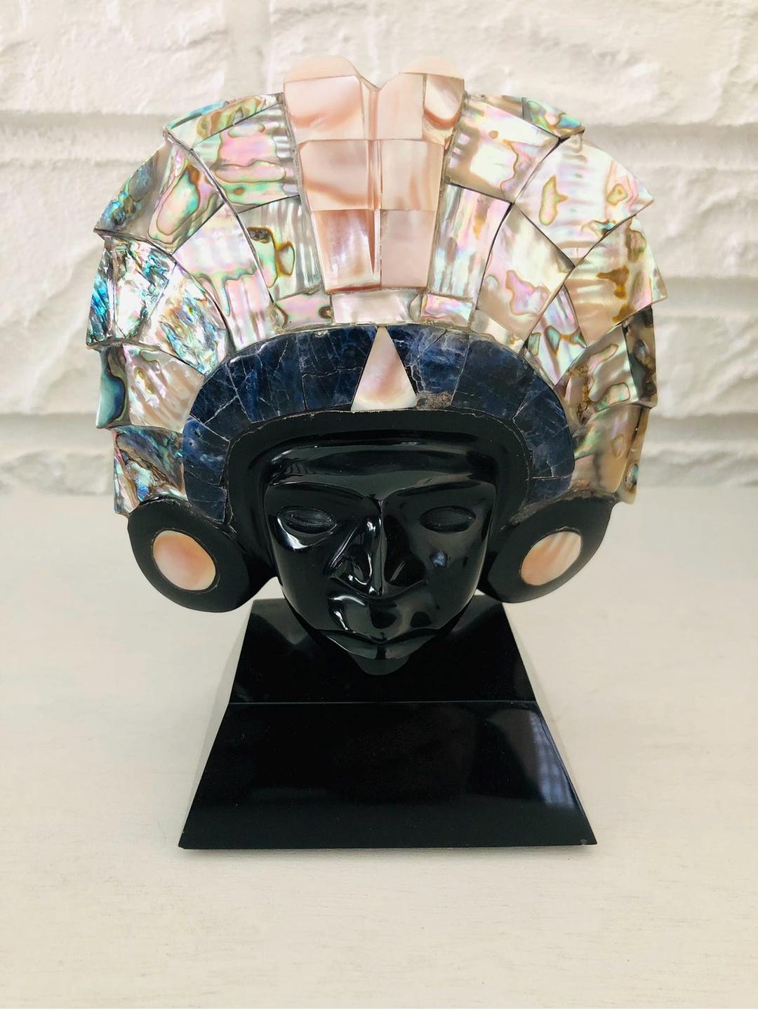 Obsidian Aztec Mayan Sun God Statue Sculpture Abalone Shell - Stone Art ...
