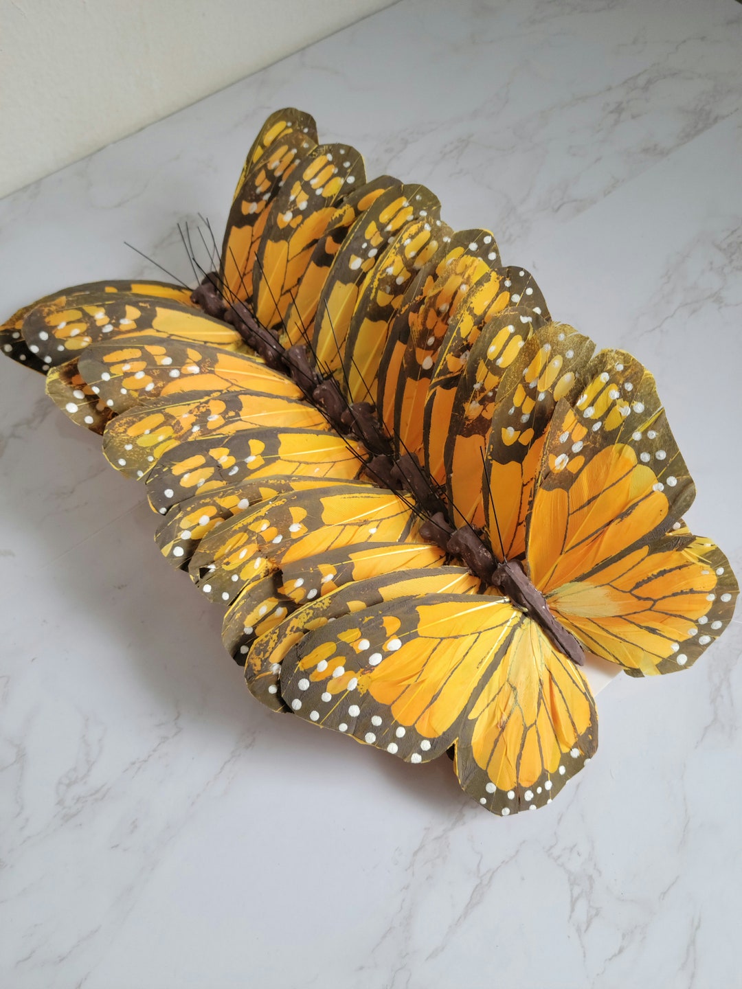 12 Large 7" Monarch Feather Butterflies on Wire for Costumes, Floral ...