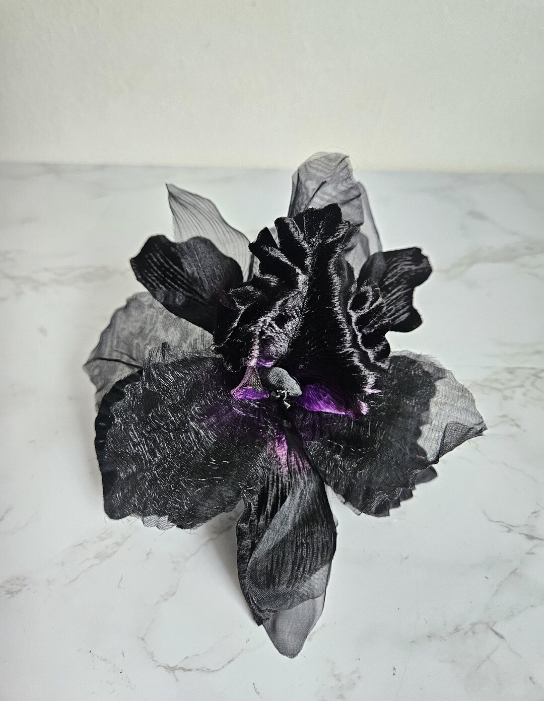 7" Black and Purple Orchid Flower With Leaves, Silk Velvet Organdy ...