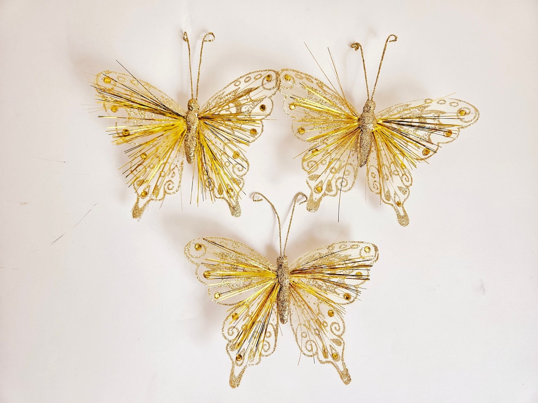 3 Gold 6" Mesh Butterflies With Crystals on Clip, Gold Xmas Butterflies ...