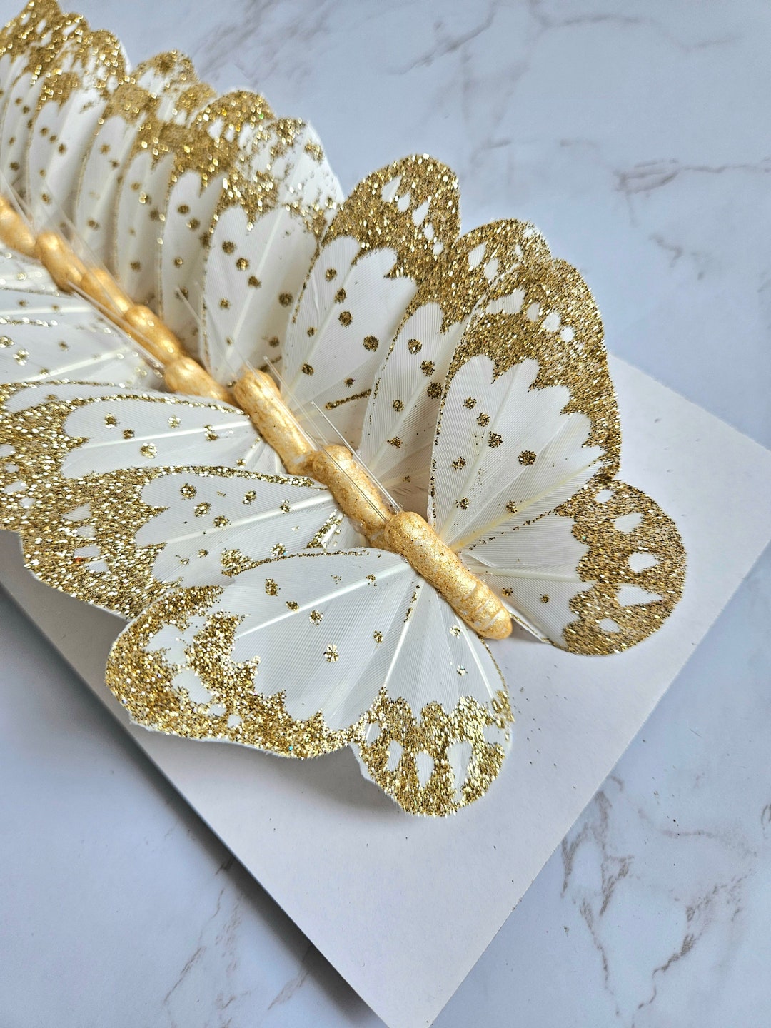 12 Pretty 4 White Gold Glittered Feather Butterflies on Wire for Cake ...