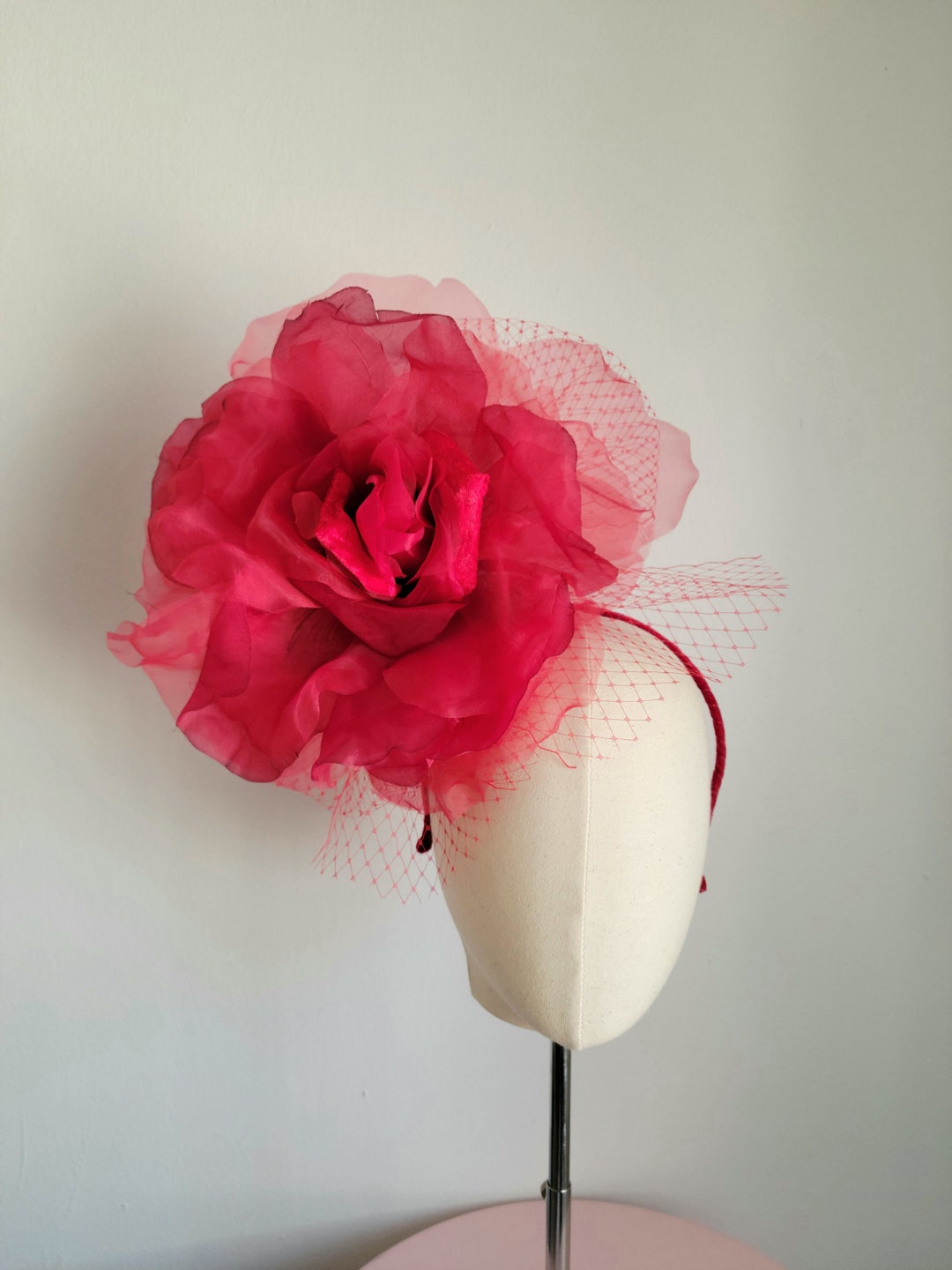 Large Red Rose Fascinator With Veil on a Headband for Kentucky Derby ...
