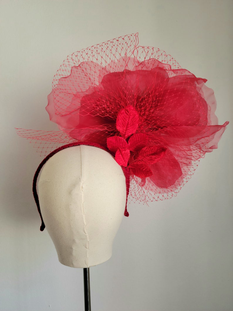 Large Red Rose Fascinator With Veil on a Headband for Kentucky - Etsy