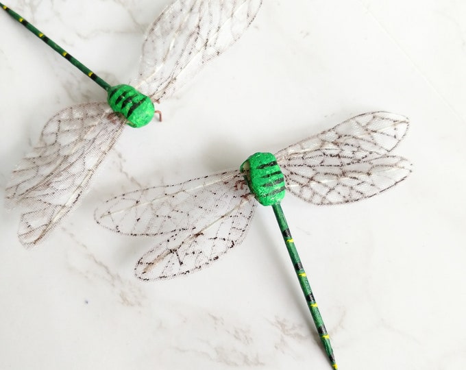 2 Green Artificial Dragonflies for Floral Arrangements, Hair Pins, Hats ...