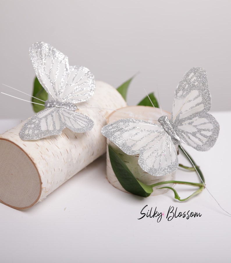 12 Silver/grey 5" Glitter Feather Butterflies, Wedding Decorations ...