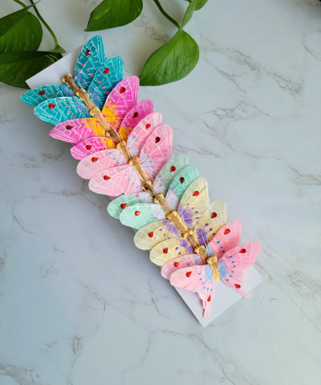 12 Pastel 3 Feather Butterflies With Red Ruby Crystals for Cake Topper ...