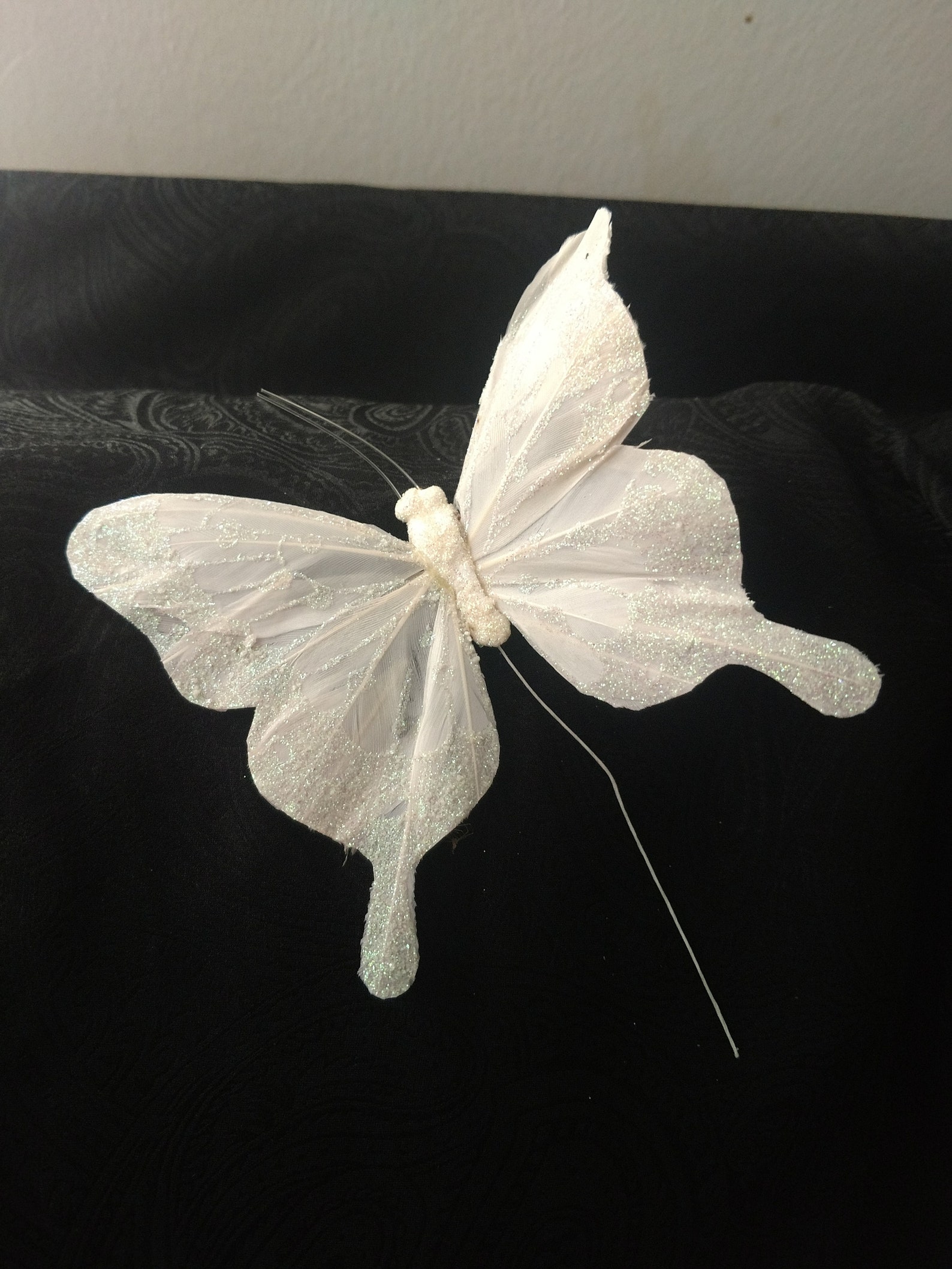 12 5" White Glittered Feather Butterflies, Artificial Decorative ...