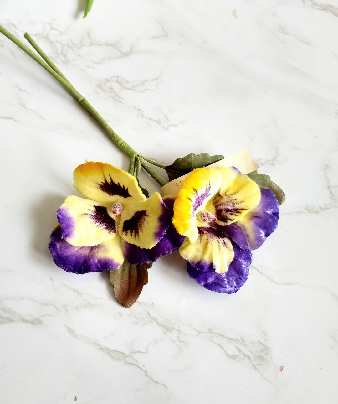 2 Vintage Velvet Pansies Spray Millinery Flowers Purple/yellow Blossoms ...