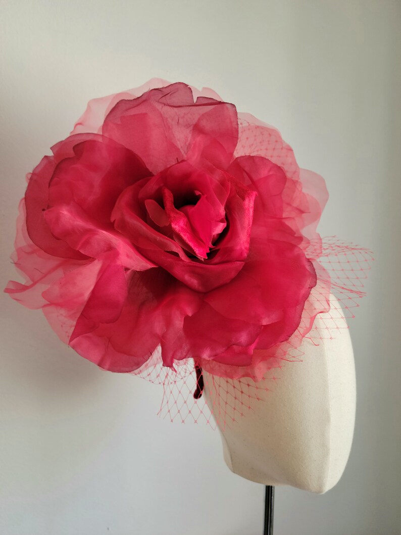 Large Red Rose Fascinator With Veil on a Headband for Kentucky Derby ...