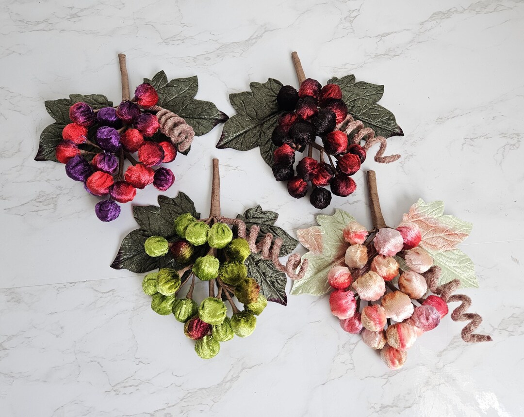 Velvet Millinery Grapes Spray With Vine and Leaves for Crafts, Hats ...