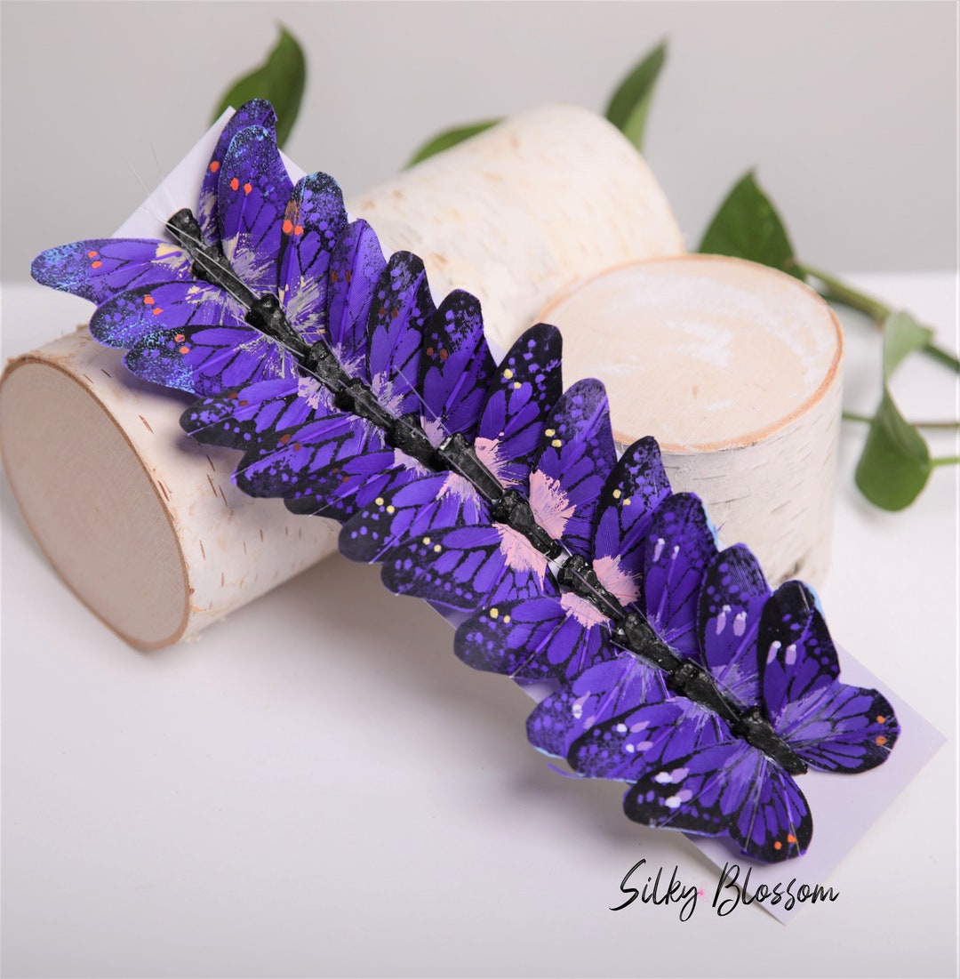 12 Purple 3" Feather Butterflies, Wedding Decorations, Floral Accents ...