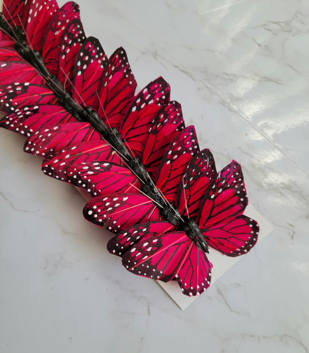 12 3" Feather Red Monarch Butterflies - Artificial Feather Butterflies ...
