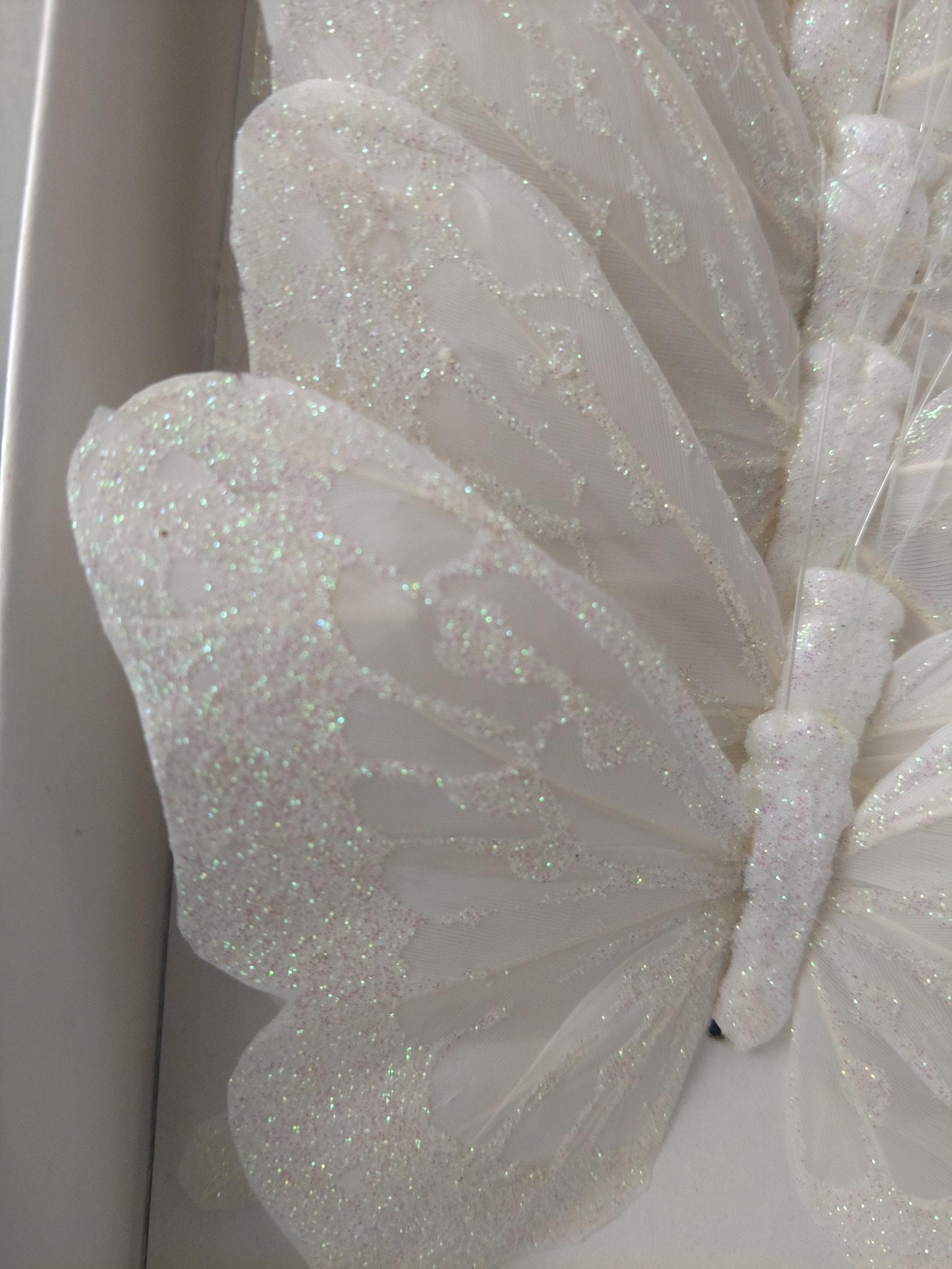 12 5" White Glittered Feather Butterflies, Artificial Decorative ...