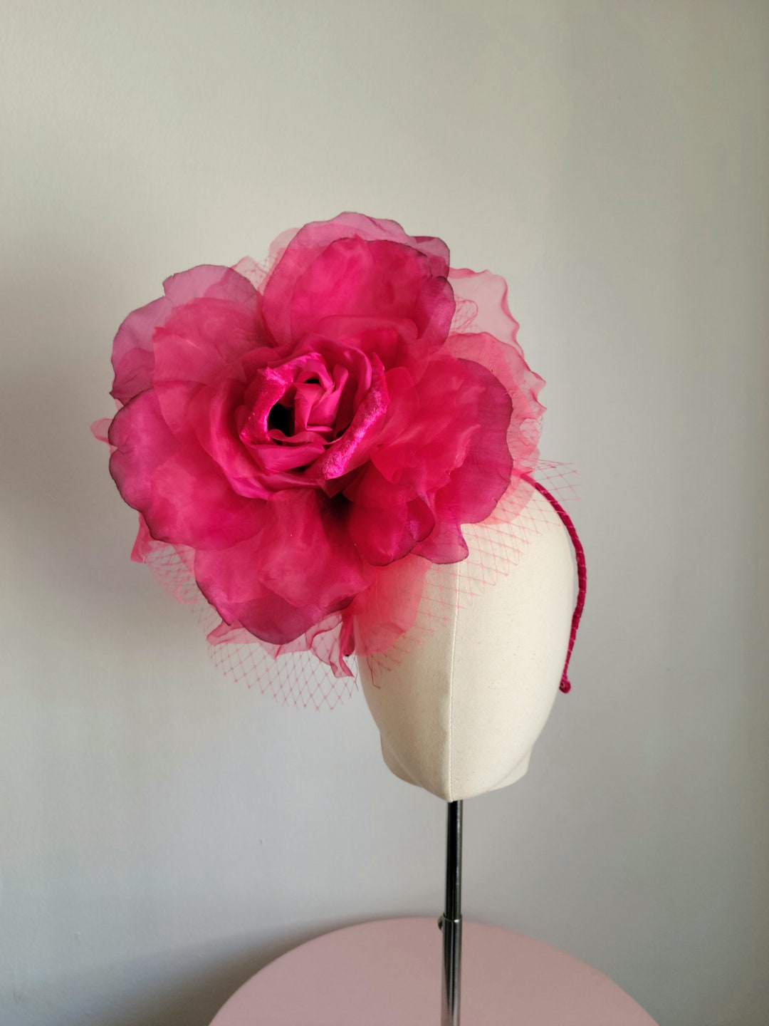 Large Fuchsia Rose Fascinator With Veil on a Headband for Kentucky ...