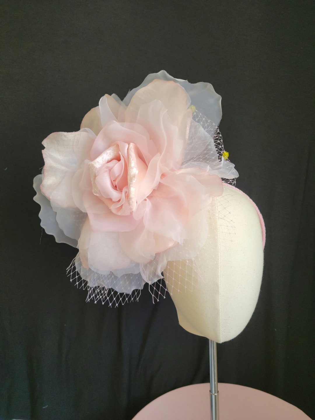 Large Pink Rose Fascinator With Veil on a Headband for Kentucky Derby ...