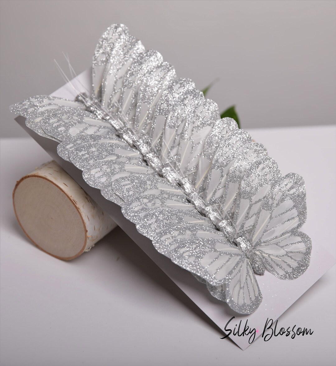 12 Silver/grey 5" Glitter Feather Butterflies, Wedding Decorations ...