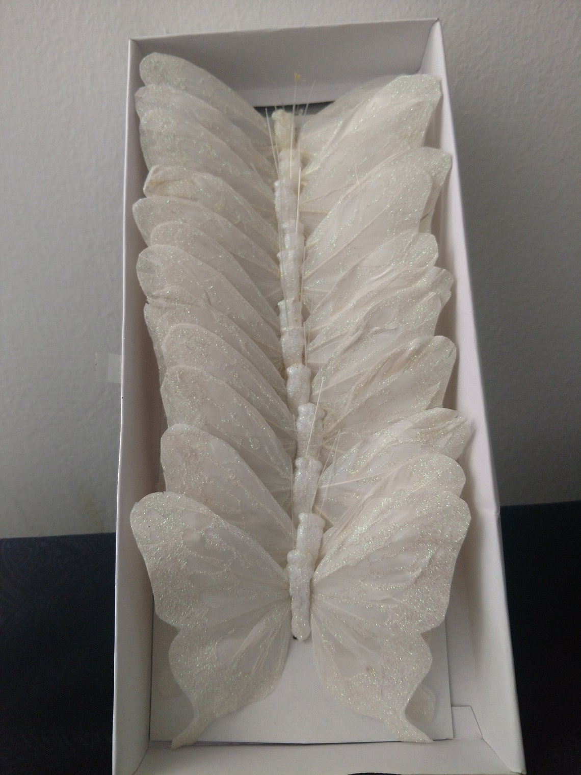 12 5" White Glittered Feather Butterflies, Artificial Decorative ...