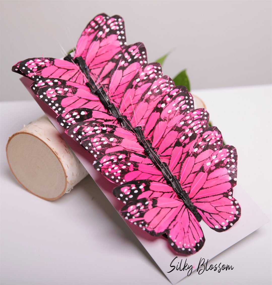12 Hot Pink 5" Feather Butterflies, Wedding Decorations, Floral Accents ...