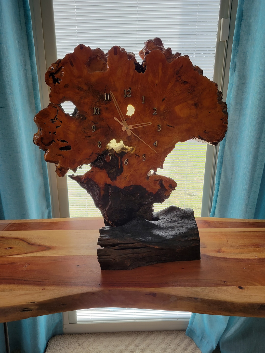 Vintage Live Edge Wood Slab Clock in Petrified Wood Stand * Table Clock ...