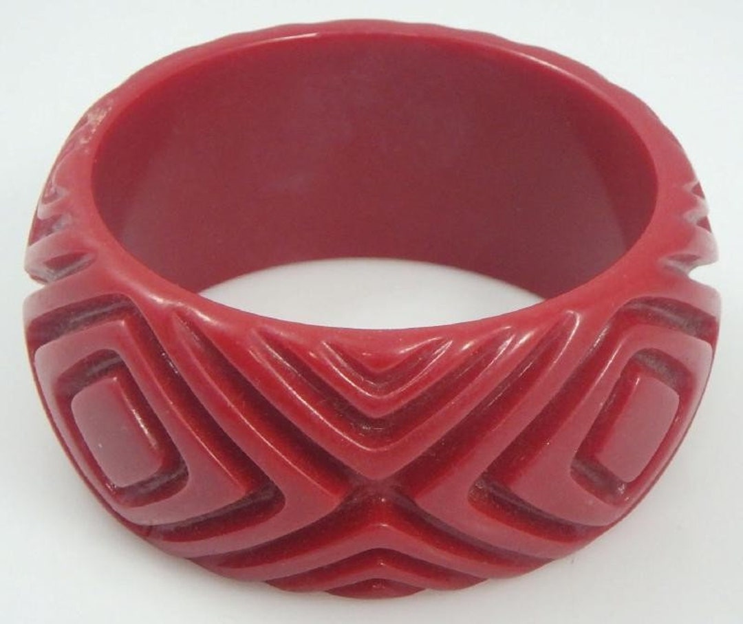 Bakelite Cuff Bracelet * Vintage * Deeply Carved * Red * Thick * Chunky ...
