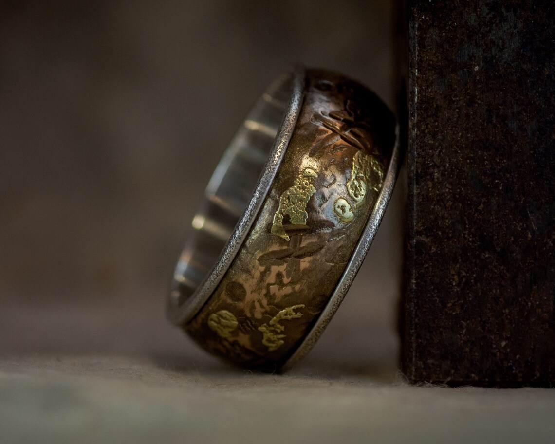 A mans rustic wedding band Playing with Fire engagement ring | Etsy