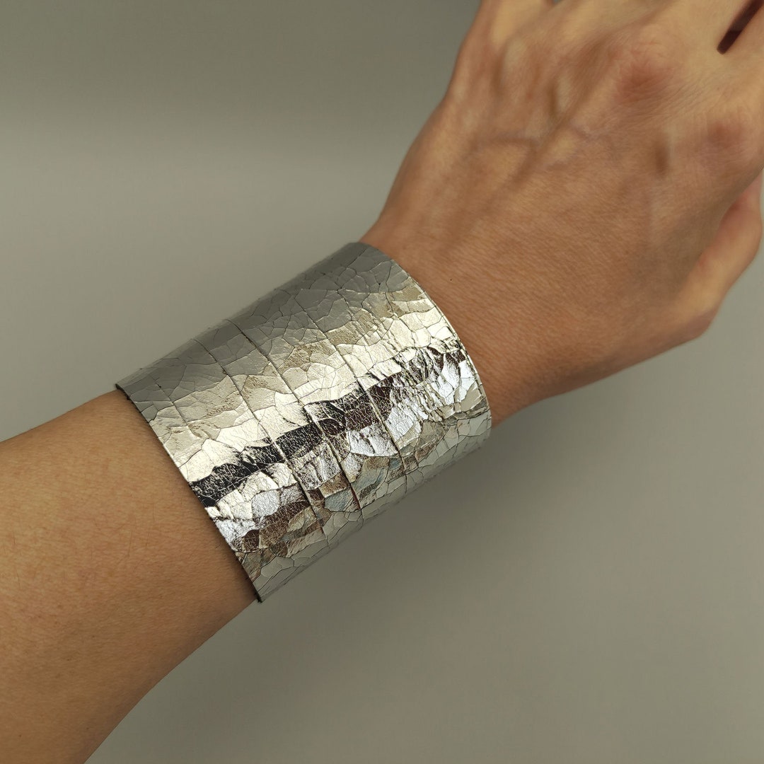 Cracked Silver Leather Bracelet Metallic Leather Cuff Wide Wristband - Etsy