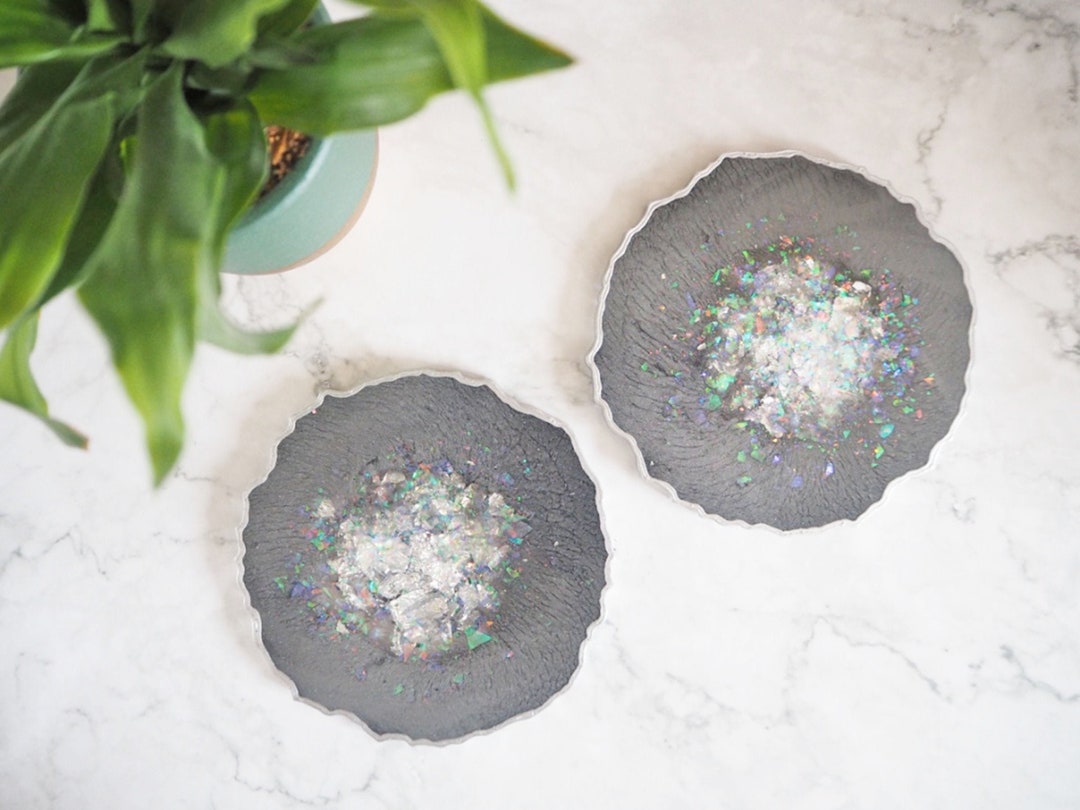 Grey Geode Resin Coaster Set, Silver Geode Coaster Set, Grey Resin ...