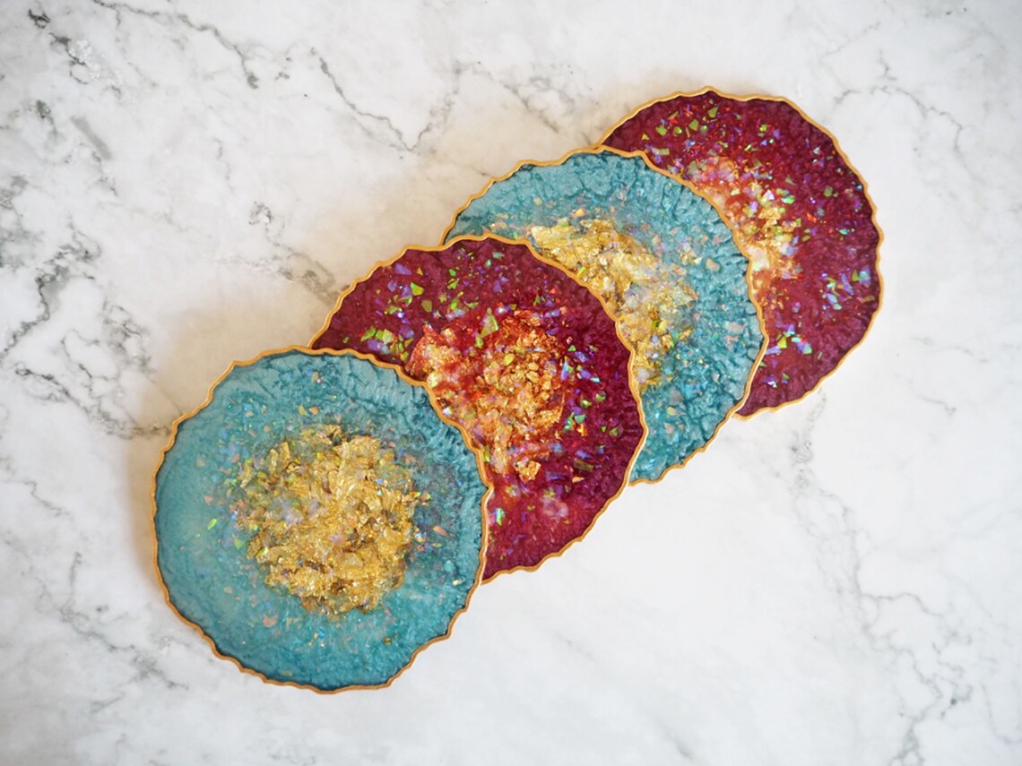 Teal Geode Resin Coasters, Geode Coaster Set, Teal Resin Coasters ...