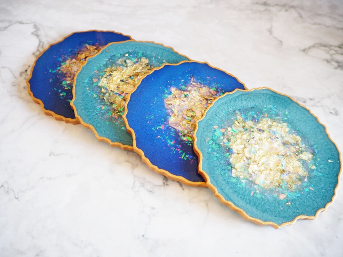 Teal Geode Resin Coasters Geode Coaster Set Teal Resin | Etsy