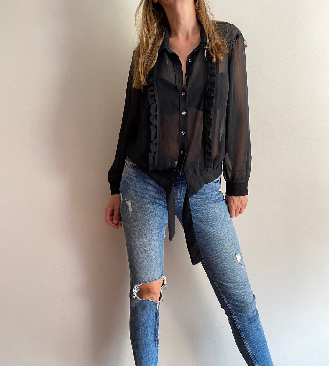 Vintage Black Mesh Blouse, Sheer Tie Waist Blouse, Size M. - Etsy Norway