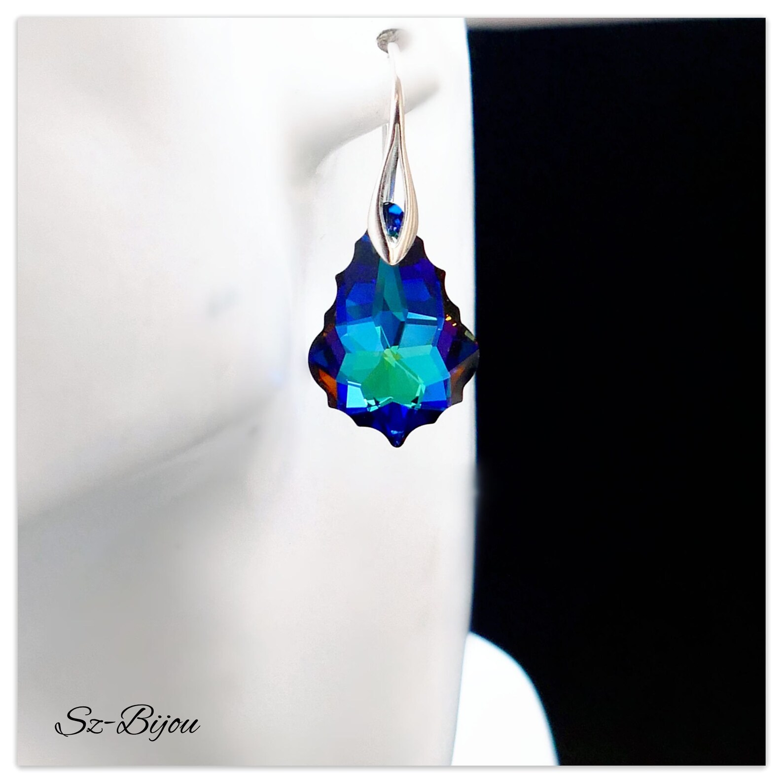 Silver Earrings Swarovski Baroque Meridian Blue Jewelry Dark - Etsy