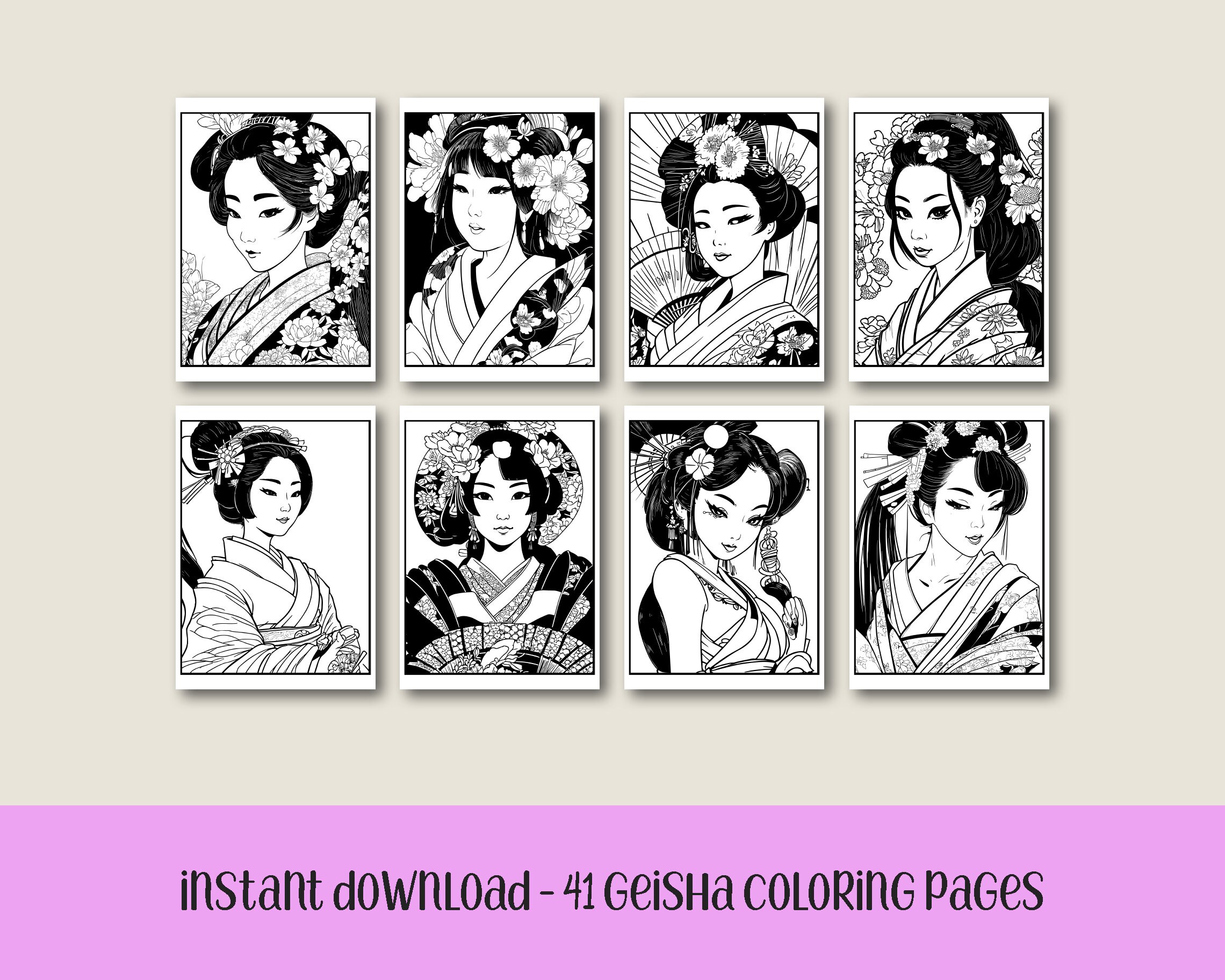 41 Geisha Coloring Pages Bundle Printable & Digital Art, PDF PNG Files ...