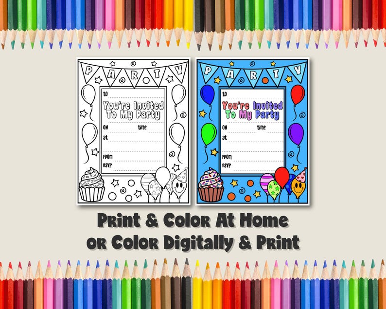Printable Kids Birthday Party Invitation Coloring Page Digital Download ...