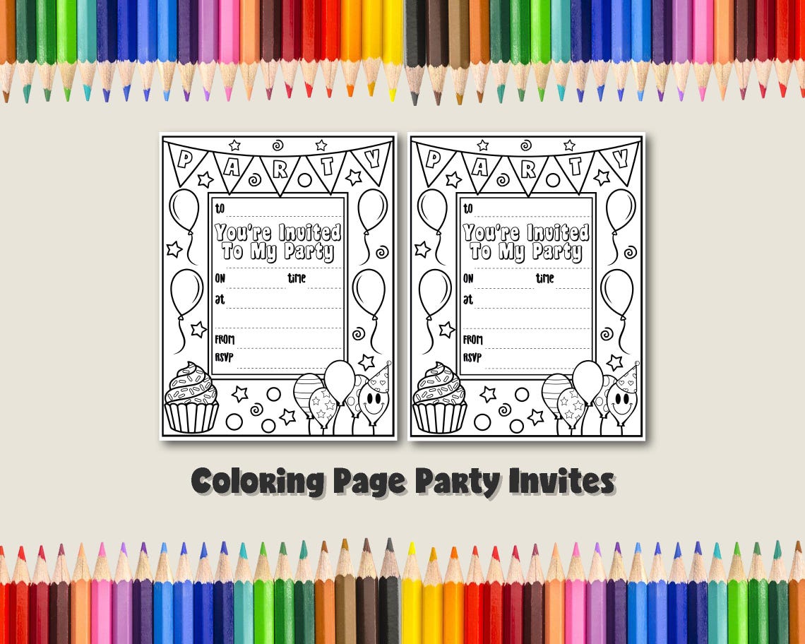 Printable Kids Birthday Party Invitation Coloring Page Digital Download ...