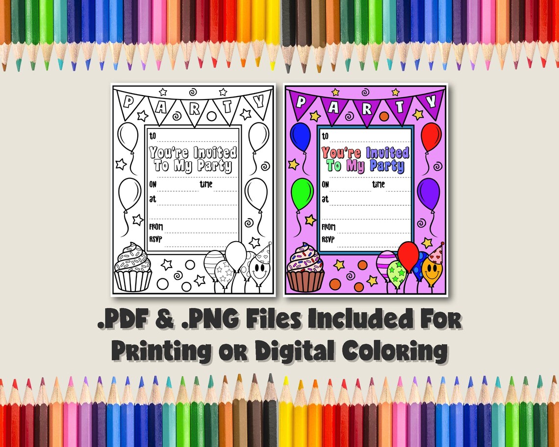 Printable Kids Birthday Party Invitation Coloring Page Digital Download ...