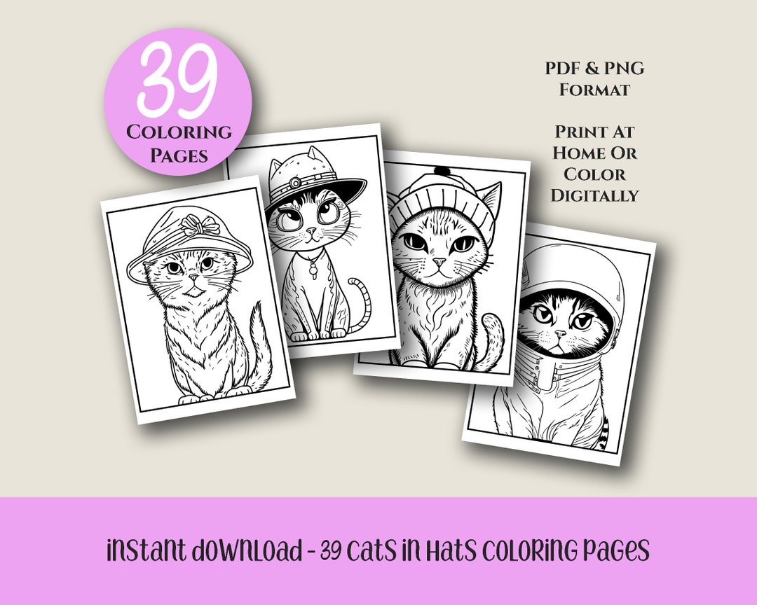 39 Cats in Hats Coloring Pages Bundle Printable & Digital Instant ...