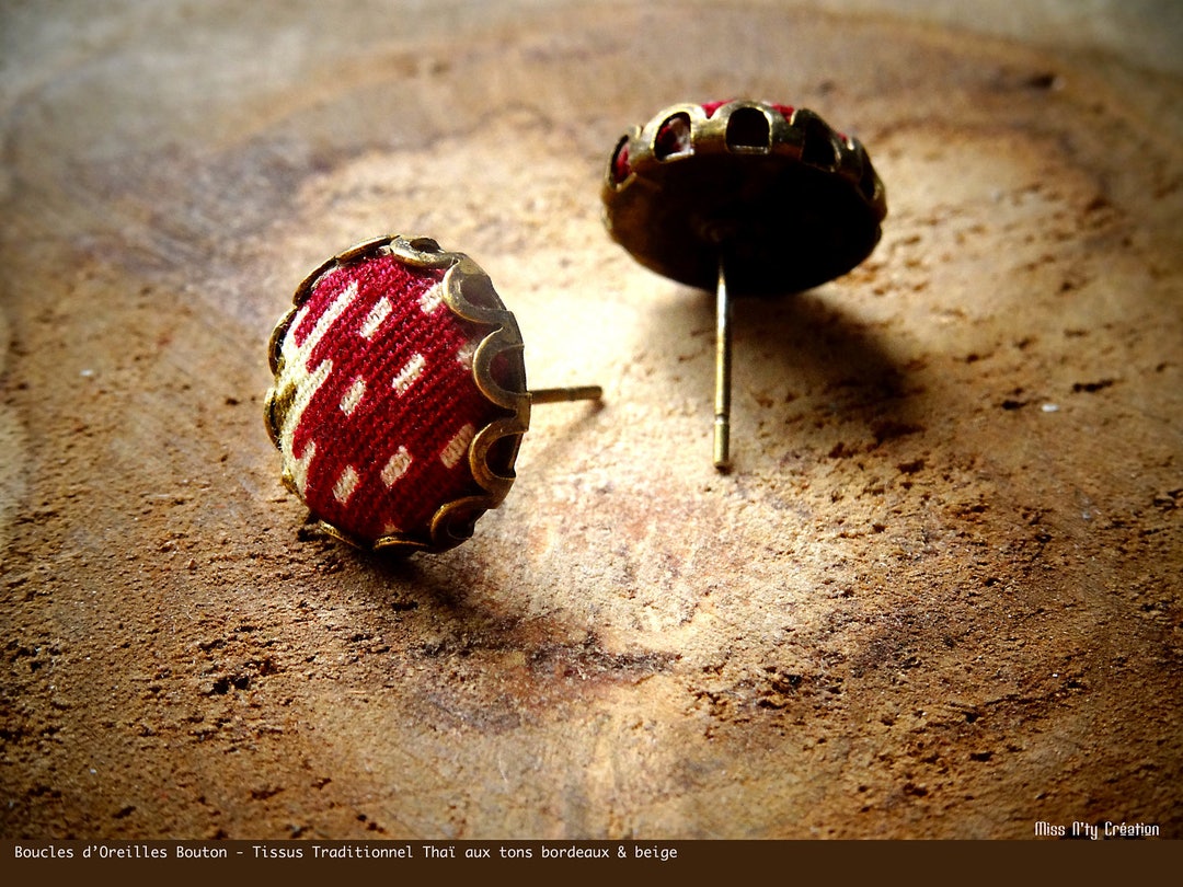 Earrings Retro Green Teardrop Buttons Maroon & Beige - Etsy