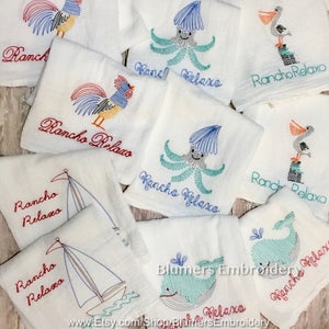 Monogrammed Sea Life Kitchen Dish Cloth Towel / Whale Fish Squid Beach ...