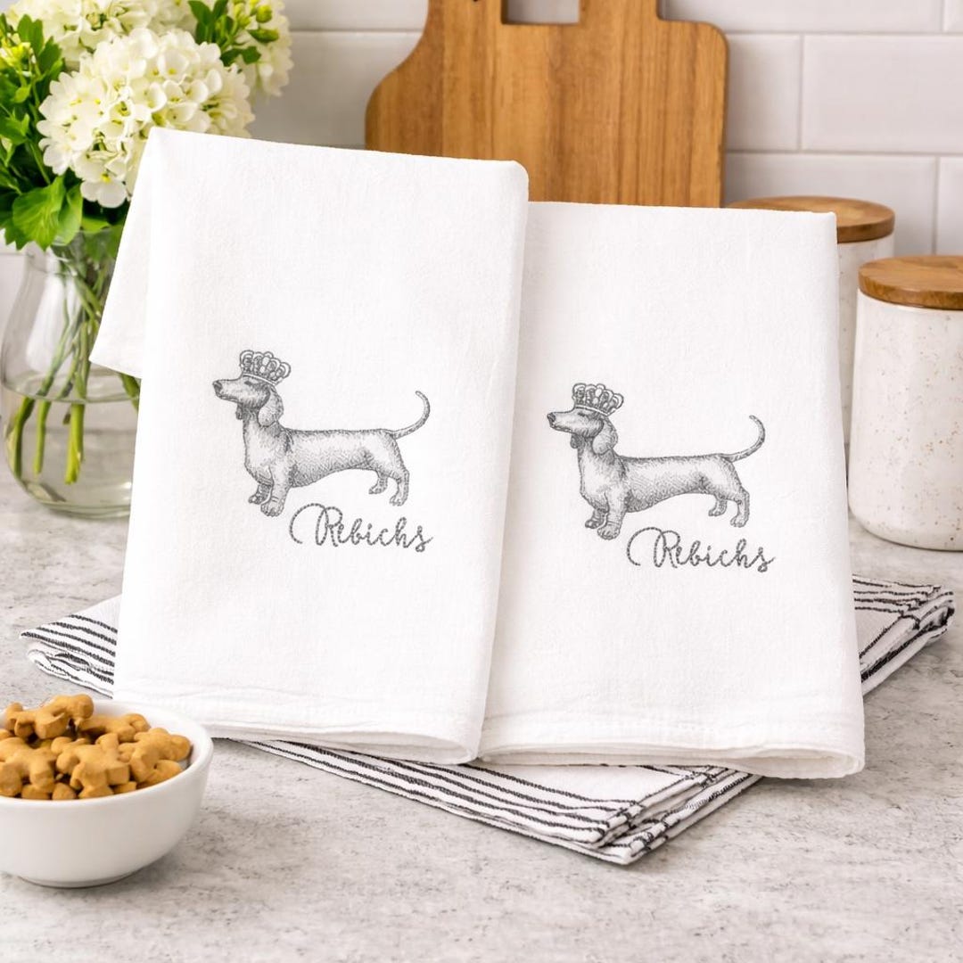 Personalized Dachshund Wearing Crown Flour Sack Dish Cloth Embroidered ...